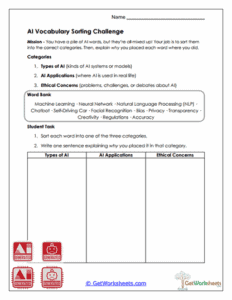 AI Vocabulary Sorting Challenge Worksheet - AI Concepts & Ethics