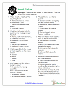 A Midsummer Night's Dream by William Shakespeare Worksheets