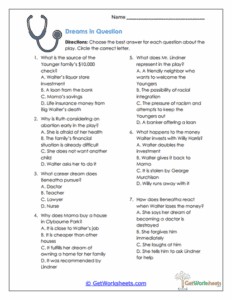 Dreams in Question Worksheet - Comprehension Quiz for A Raisin in the Sun