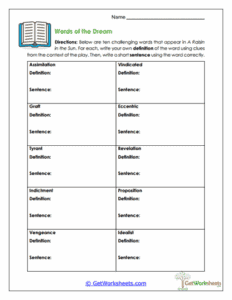 Words of the Dream Worksheet - Vocabulary in A Raisin in the Sun