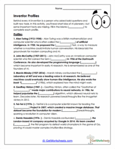 AI Inventor Profiles Worksheet - Pioneers of Artificial Intelligence