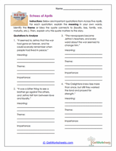 Echoes of Aprils Worksheet - Quotation & Theme Analysis