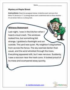 Mystery at Maple Street Worksheet - Verb Identification Practice