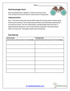 Verb Scavenger Hunt Worksheet - Finding & Classifying Verbs