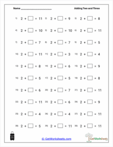 Fill the Missing Addend Worksheet - +2 and +3 Reasoning Practice