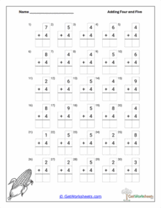 Vertical Set C Worksheet - +4 and +5 Stacked Addition Fluency