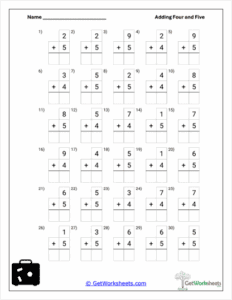 Vertical Mixed Review Worksheet - +4 and +5 Fact Fluency