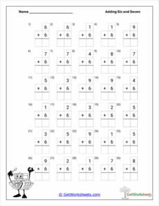 Add Six Practice Worksheet - Vertical Fact Fluency