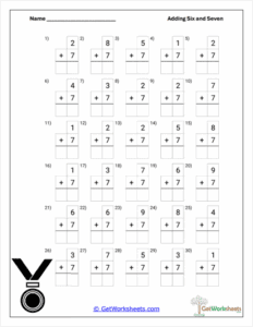 Add Seven Practice Worksheet - Vertical Fact Fluency