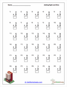 Add Eight Practice Worksheet - Vertical Fact Fluency