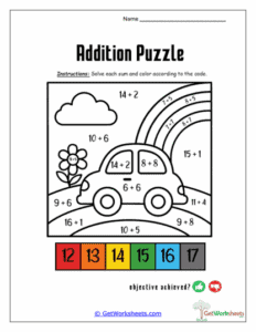 Rainbow Road Racer Worksheet - Near-Doubles Mental Addition (Sums to 17)