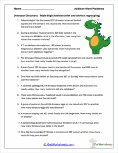 Dinosaur Triple-Digit Worksheet - Advanced Addition Word Problems