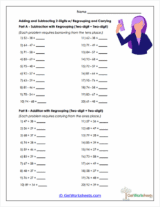 Regrouping Practice Worksheet - Two-Digit Addition & Subtraction
