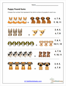 Puppy Addition Choices Worksheet - Visual Counting & Sums