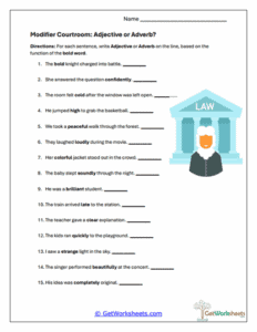 Modifier Courtroom Worksheet - Adjectives vs. Adverbs