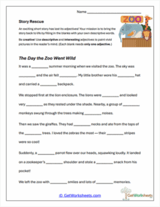 Story Rescue - Zoo Adventure Worksheet - Descriptive Adjectives