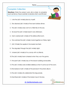 Complete Collection Worksheet - All vs. Whole Practice