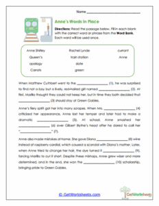 Anne's Words in Place Worksheet - Cloze Reading Practice