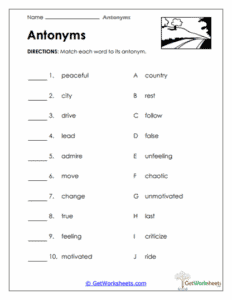My Match-Up Worksheet - Antonym Matching Practice