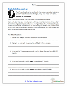 Rhetoric in the Apology Worksheet - Analyzing Persuasive Techniques