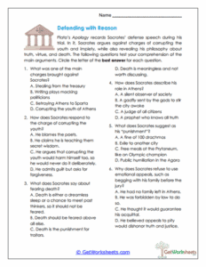 Defending with Reason Worksheet - Analyzing Socratic Arguments
