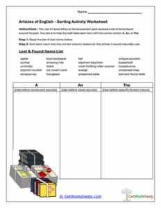 Article Sorting Activity Worksheet - Using A, An, and The