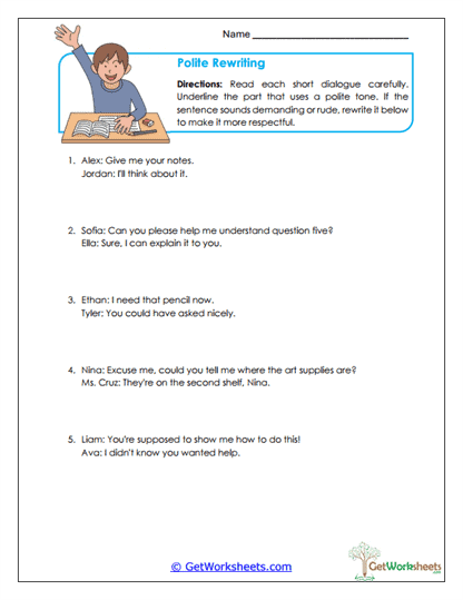 Polite Rewriting Worksheet - Respectful Dialogue Practice