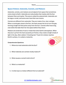 Asteroids, Comets, and Meteors Worksheets - GetWorksheets.com