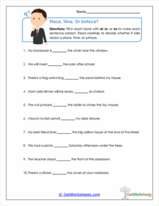 Place, Time, or Surface? Worksheet - At, In, On Practice