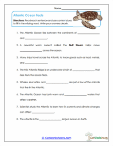 Atlantic Facts Fill-In Worksheet - Ocean Vocabulary & Context Clues