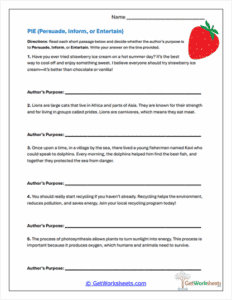PIE Author's Purpose Worksheet - Persuade, Inform, Entertain