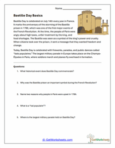 A Look At The Celebration Worksheet - Bastille Day Reading