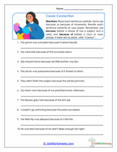 Cause Connection Worksheet - Because vs. Because Of