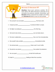 Because vs. Because Of Worksheets - GetWorksheets.com