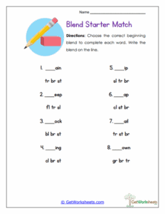 Starter Match Worksheet - Choosing the Correct Beginning Blend
