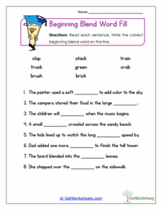 Blend Word Fill Worksheet - Applying Beginning Blends in Sentences