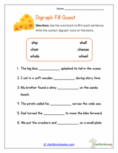 Fill Quest Worksheet - Beginning Digraphs in Sentences
