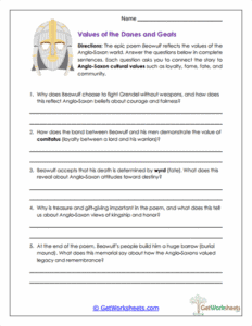 Values of the Danes and Geats Worksheet - Beowulf Cultural Analysis