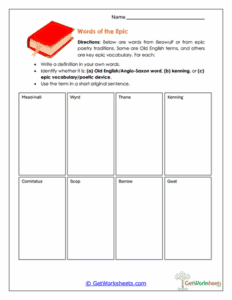Words of the Epic Worksheet - Beowulf Vocabulary & Poetic Language