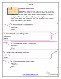 Sounds of the Saga Worksheet - Beowulf Alliteration & Poetic Sound