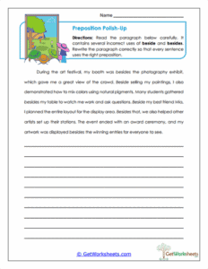 Preposition Polish-Up Worksheet - Paragraph Editing Practice