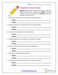 Preposition Practice Prompts Worksheet - Sentence Writing Skills