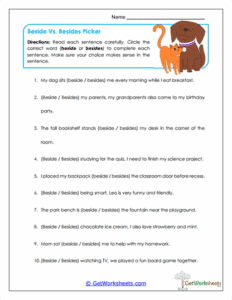 Beside vs. Besides Picker Worksheet - Grammar Accuracy Practice