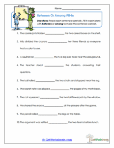 Filler-In Worksheet - Between vs. Among Grammar Practice