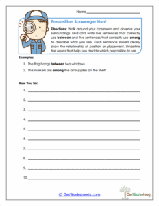 Preposition Scavenger Hunt Worksheet - Between vs. Among