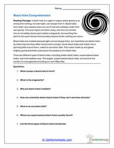 Black Hole Comprehension Worksheet - Reading & Astronomy