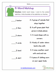 R-Word Matchup Worksheet - Bossy R Vocabulary