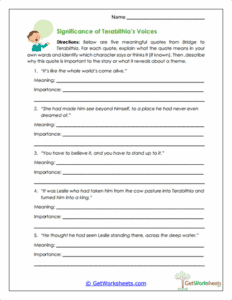Significance of Terabithia's Voices Worksheet - Quote Analysis & Theme ...