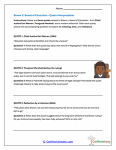 Interpreting Brown v. Board Quotes Worksheet - Meaning, Tone, and Legacy
