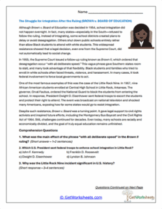 The Struggle for Integration Worksheet - After Brown v. Board